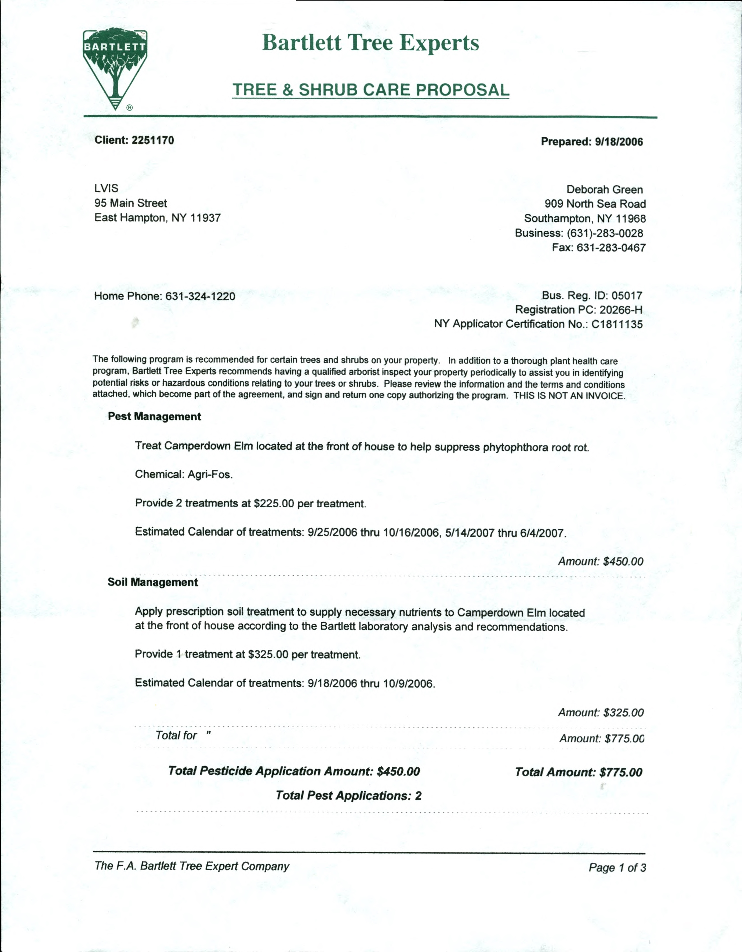 Proposal, Bartlett Tree Experts, Tree & Shrub Care, September 18 2006